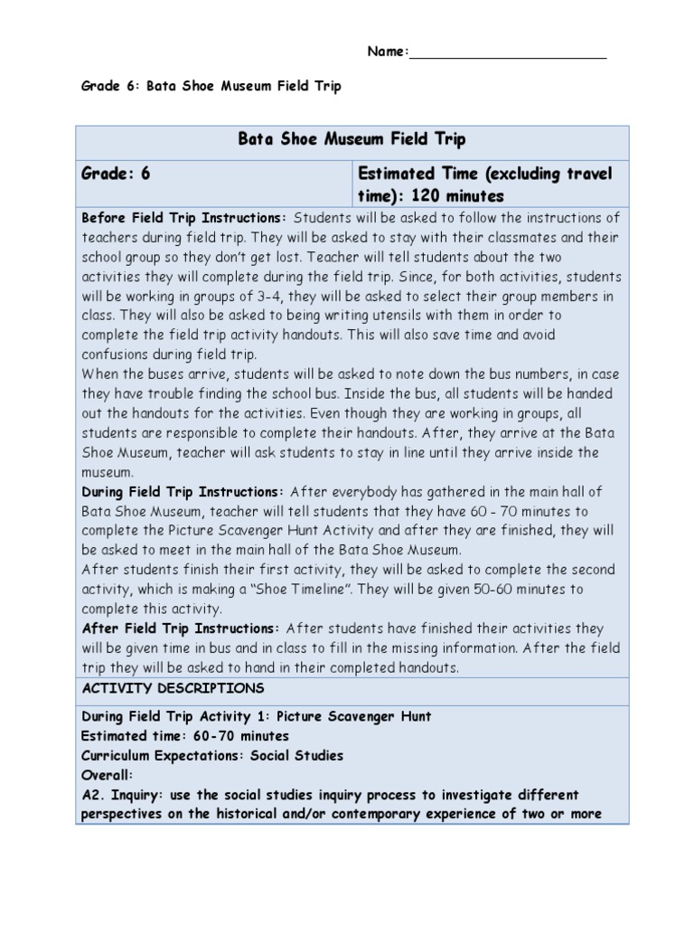Grade 6 Bata Shoe Museum Field Trip Guide | PDF | Museum | Educational ...