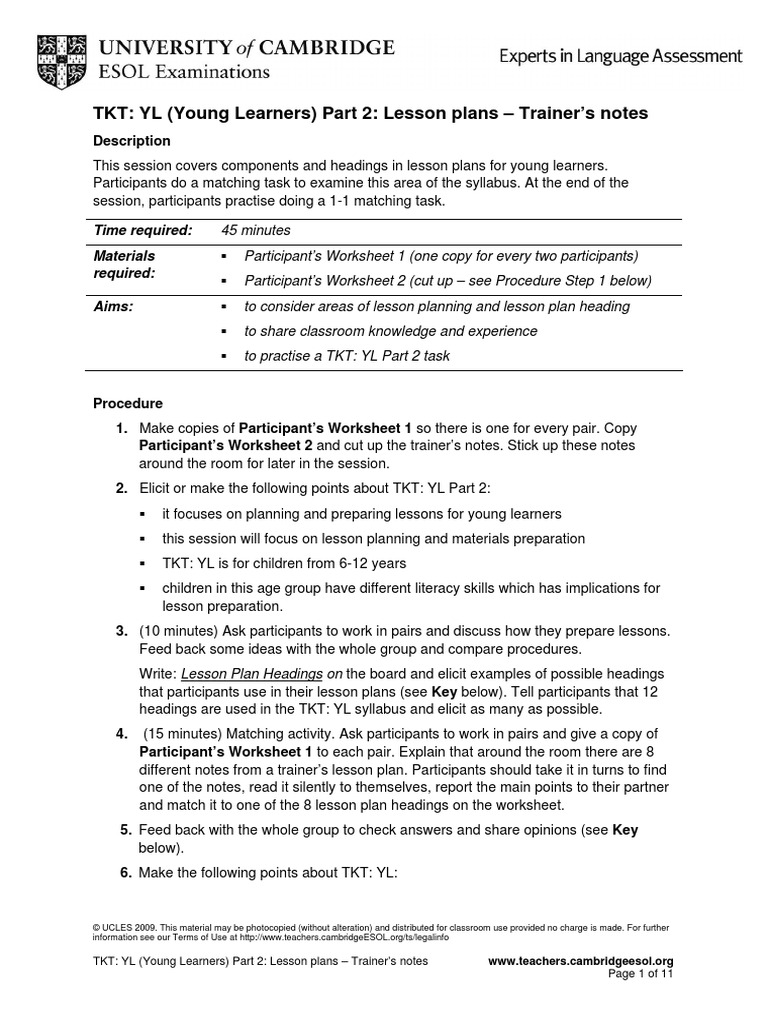 TKT Yl Part 2 Lesson Plans | PDF | Lesson Plan | Brainstorming