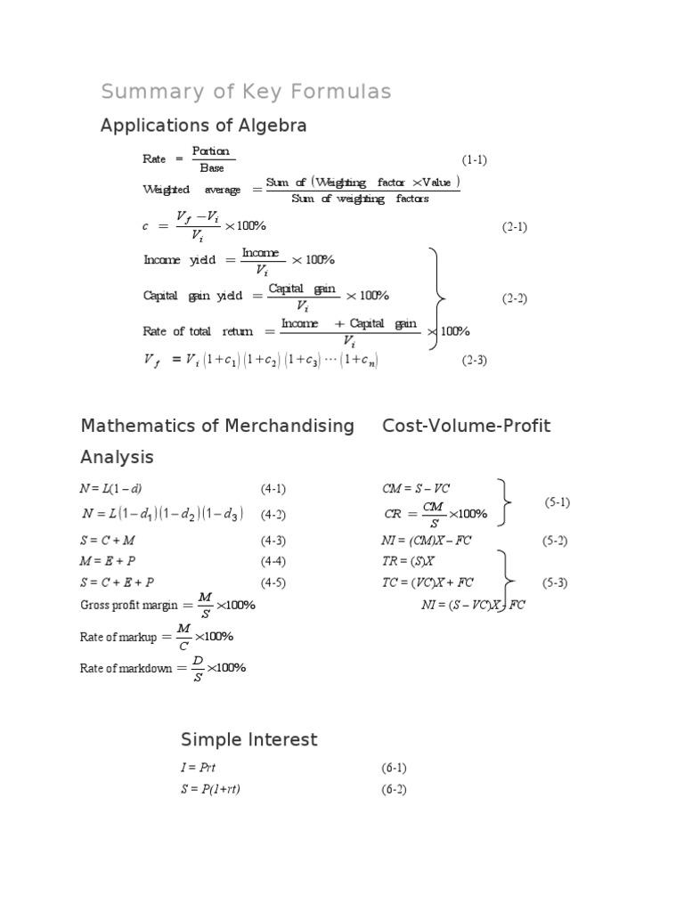 Summary of Key Formulas | PDF | Business