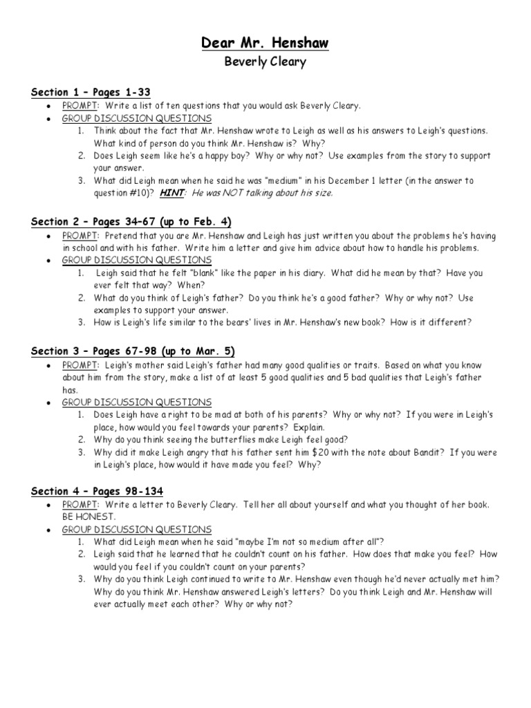 Dear MR Henshaw Cleary Novel Study | PDF