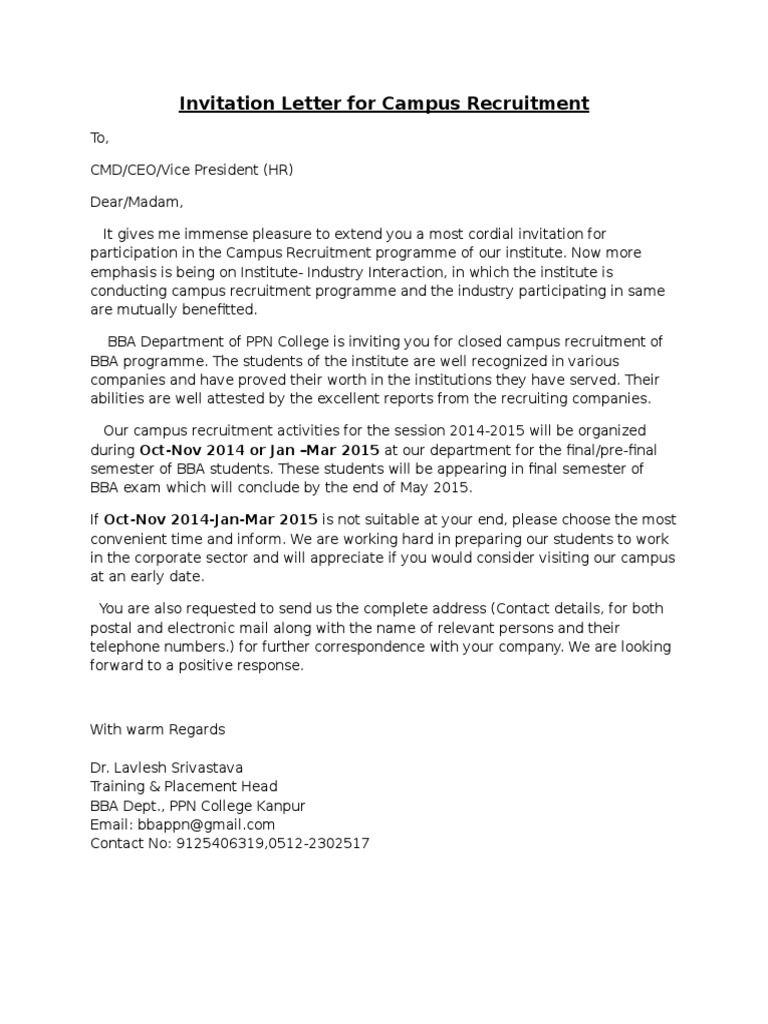 Invitation Letter For Campus Recruitment | PDF