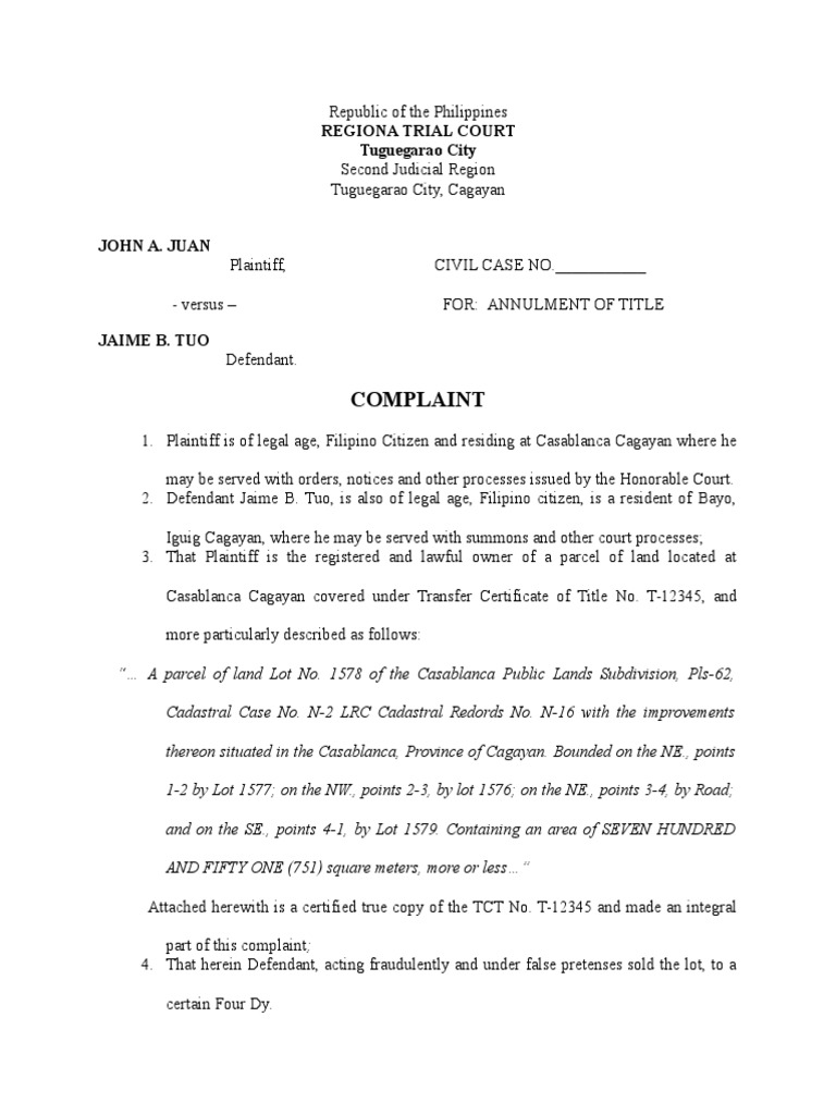 Annulment of Title | PDF | Damages | Complaint