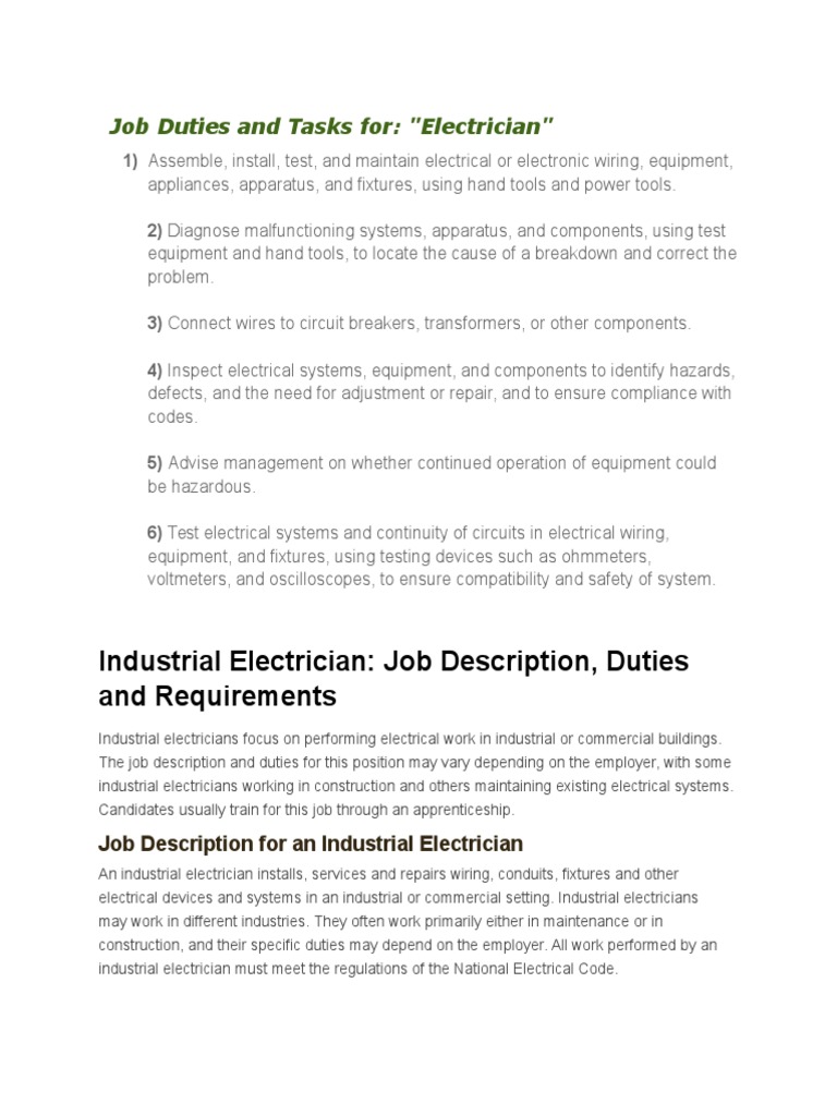 Job Duties and Tasks | PDF | Electrician | Electrical Wiring
