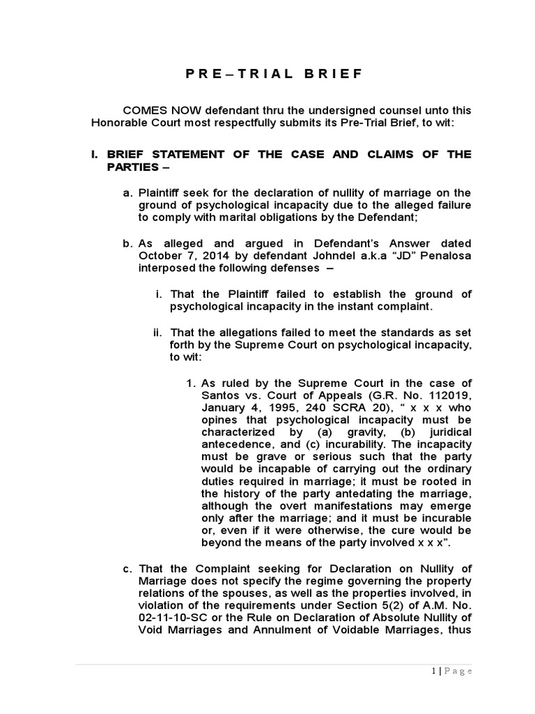 Pre-Trial Brief: I. Brief Statement of The Case and Claims of The ...