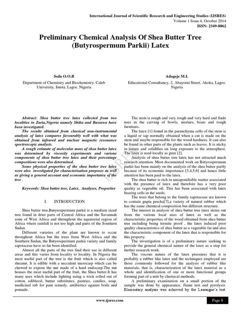Preliminary Chemical Analysis of Shea Butter Tree (Butyrospermum Parkii ...