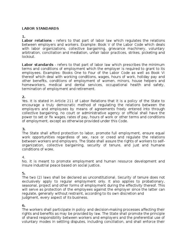 Labor Standards 1. Labor Relations - Refers To That Part of Labor Law ...
