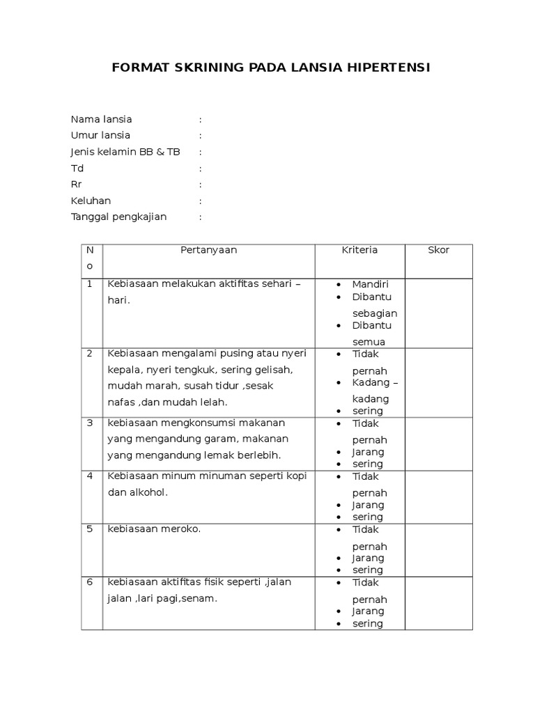 Format Skrining Pada Lansia Hipertensi | PDF