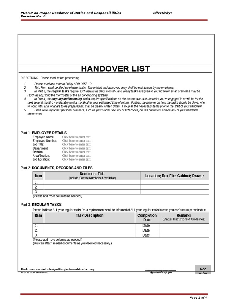 Handover.doc | Employment | Computer File