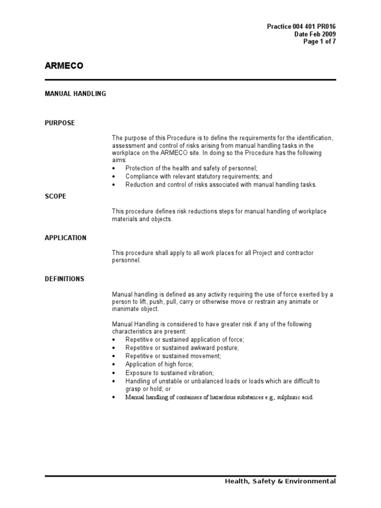 Manual Handling Procedure HSE PR016 | PDF | Risk | Occupational Safety ...