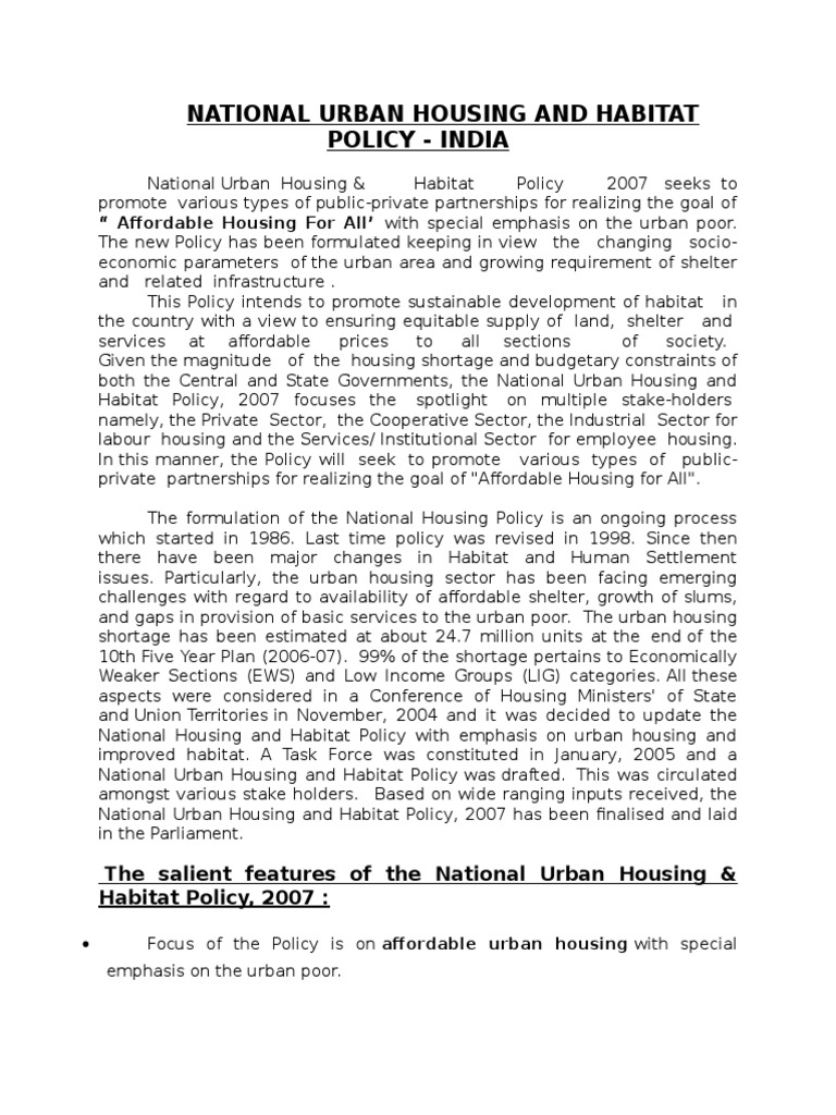 National Urban Housing and Habitat Policy | PDF | Affordable Housing ...