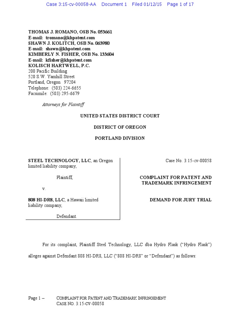 Steel Technology v. 808 HI-DR8 - Complaint | PDF | Title 35 Of The ...