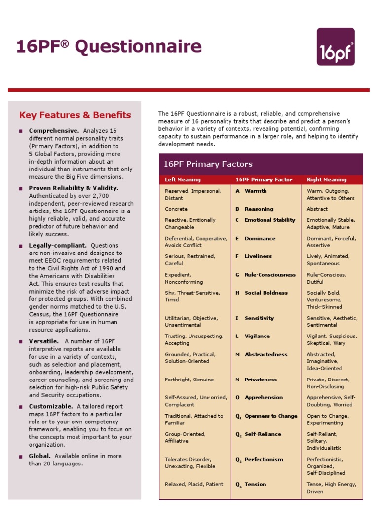16PF Questionnaire Datasheet | PDF | Behavioural Sciences | Psychology