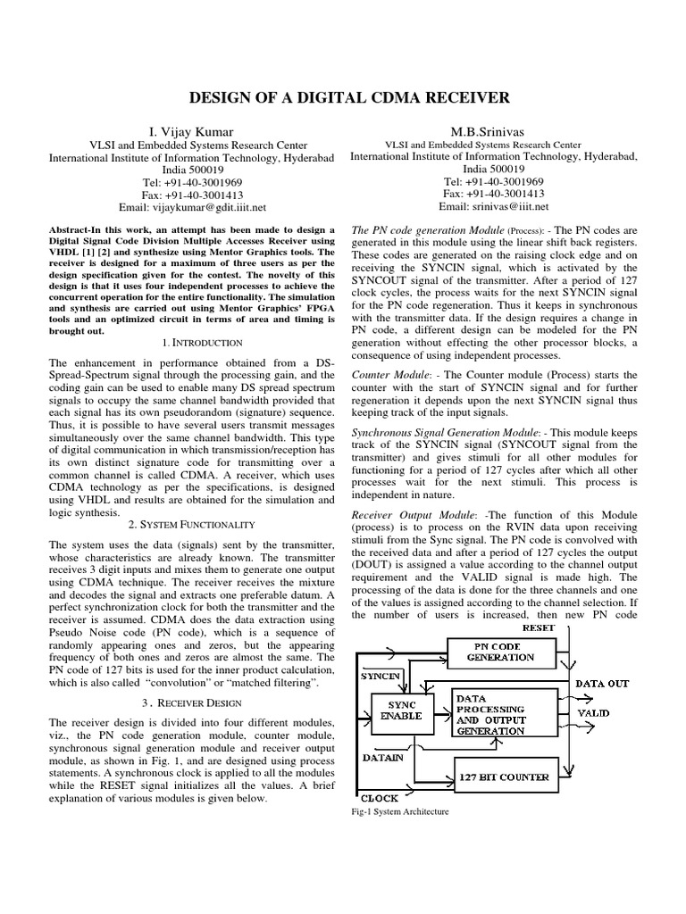 Design of A Digital Cdma Receiver: I. Vijay Kumar M.B.Srinivas | PDF | Code Division Multiple ...