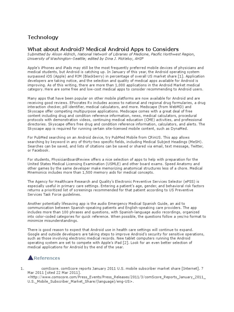 Technology What About Android Medical Android Apps To Considers Pdf Android Operating
