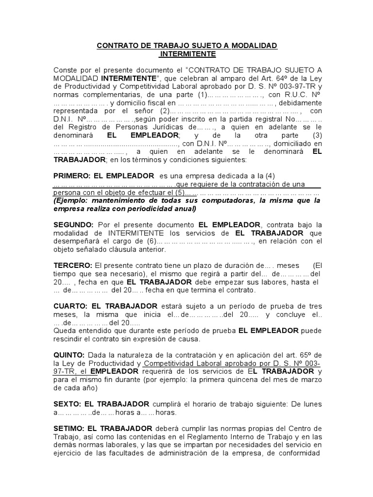 Contrato de Trabajo Intermitente | PDF | Derecho laboral | Instituciones sociales