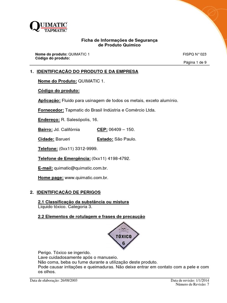 Fispq Quimatic 1 | PDF | Embalagem e rotulagem | Queimadura