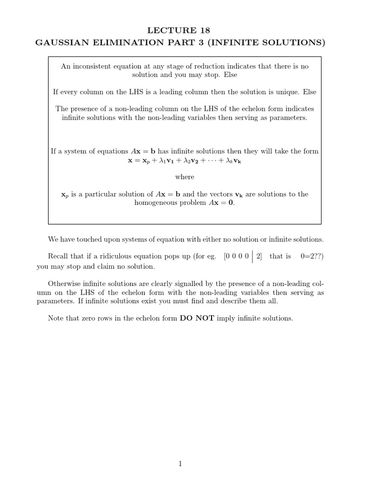 Lecture 18 Gaussian Elimination Part 3 (Infinite Solns) | PDF | Applied Mathematics ...