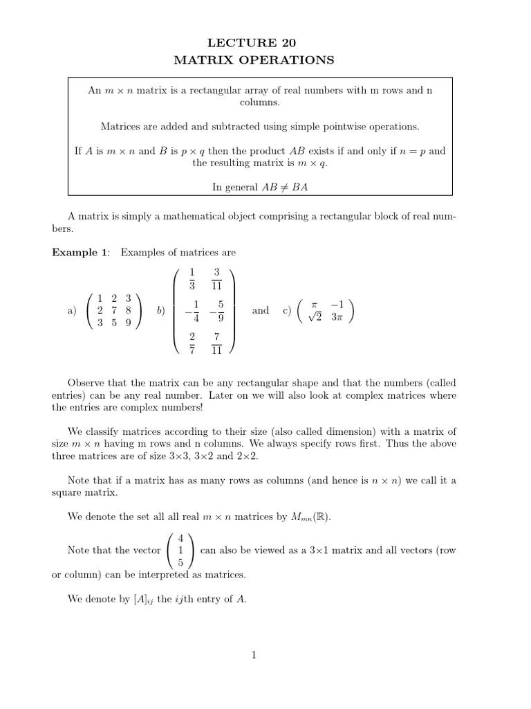 Lecture 20 Matrix Operations PDF | PDF