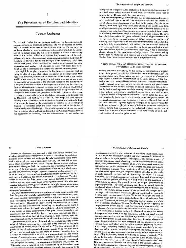 Luckmann - Privatization of Religion & Morality | PDF | Morality ...