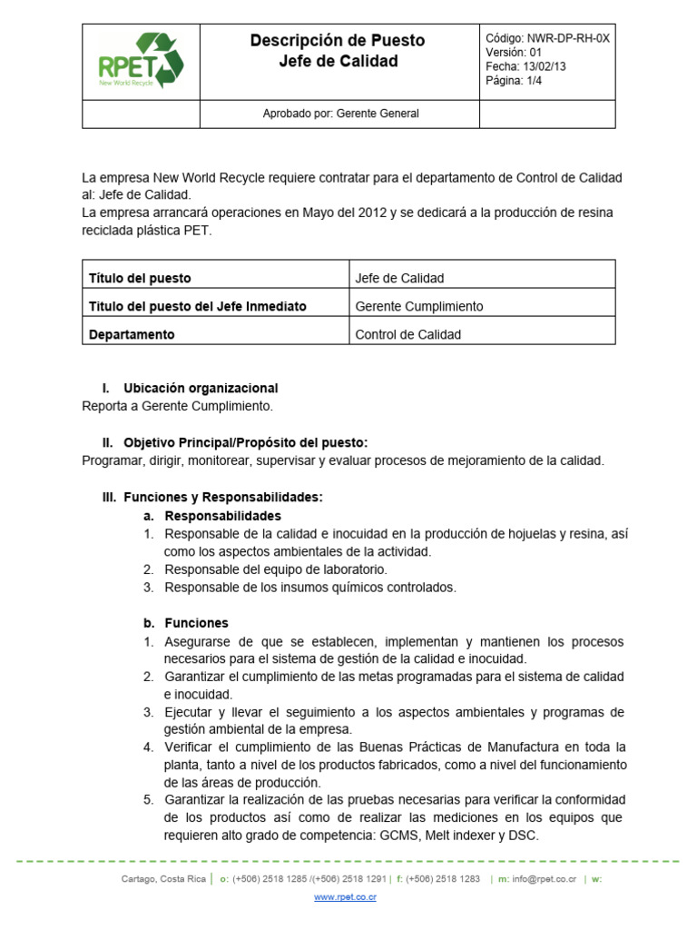 Jefe de Calidad Descripción | PDF | Calidad (comercial) | Producción y fabricación