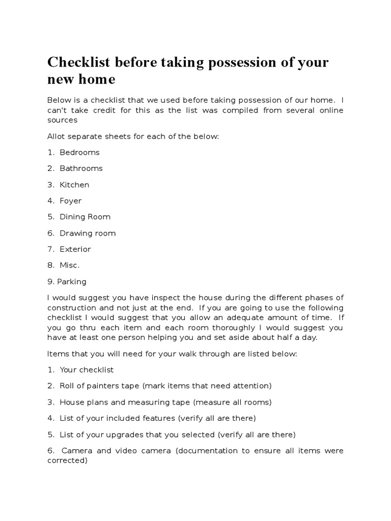 New Flat Possession Checklist Guide | PDF | Door | Shower