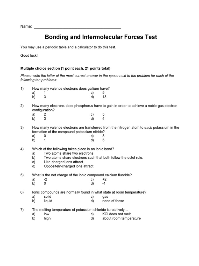 Bonding and Intermolecular Forces Test | PDF | Chemical Bond | Covalent ...