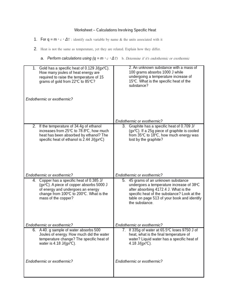 Specific Heat Capacity Worksheet | PDF | Heat | Temperature