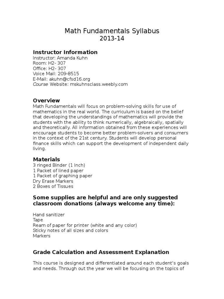 Math Fundamentals Course Syllabus 2013-14 | PDF