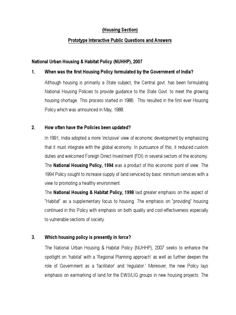 National Urban Housing & Habitat Policy (NUHHP), 2007 | PDF | United ...