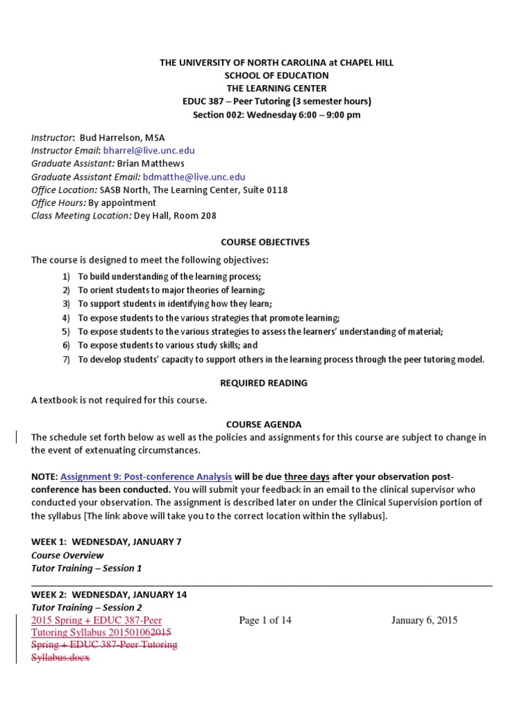 UNC Peer Tutoring Syllabus | PDF | Tutor | Mindset