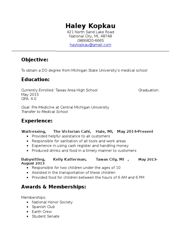Haley Kopkau's Medical School Resume | PDF