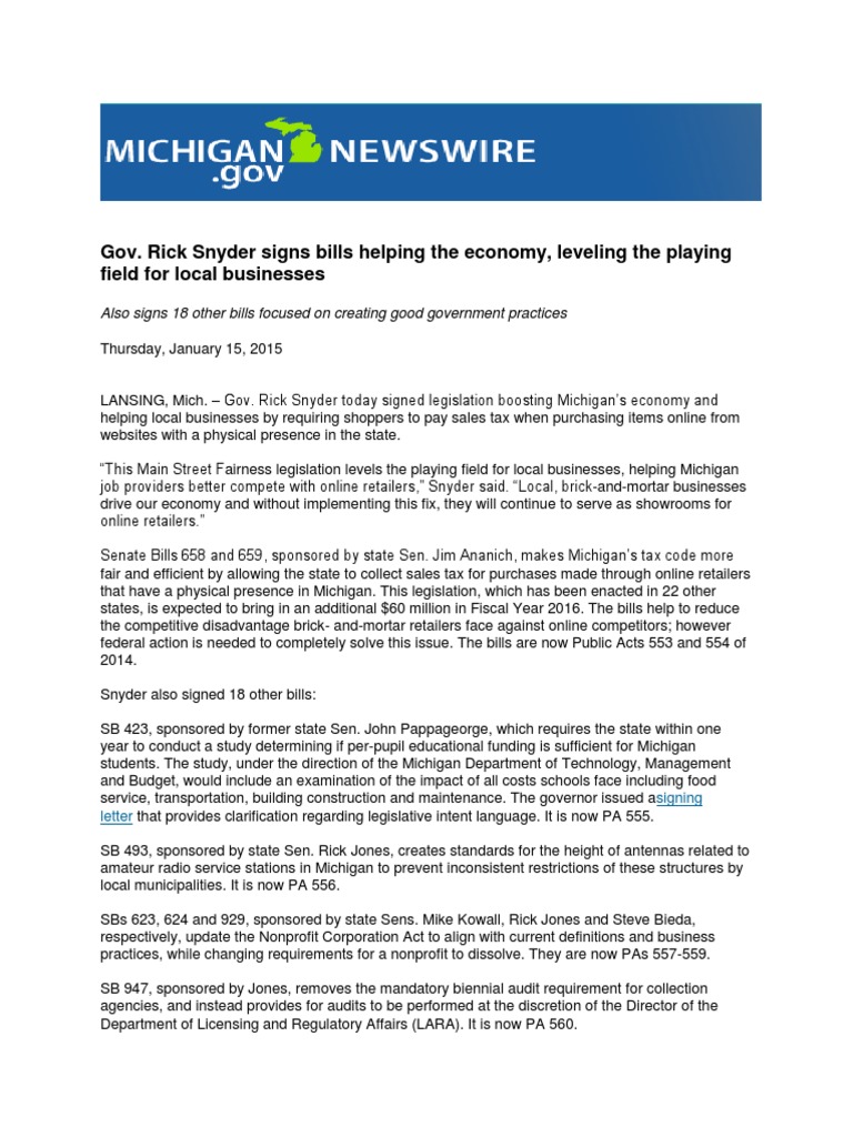 Michigan Legislation Boosts Local Economy | PDF | Rick Snyder | Patient ...