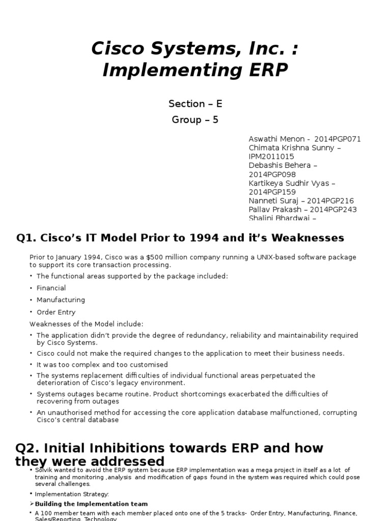 Cisco Systems, Inc.: Implementing ERP: Section - E Group - 5 | PDF ...