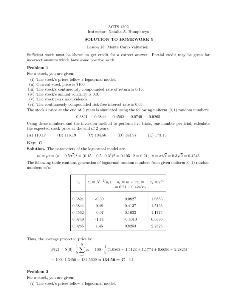 Hw9 Mfe Au14 Solution | PDF | Black–Scholes Model | Option (Finance)