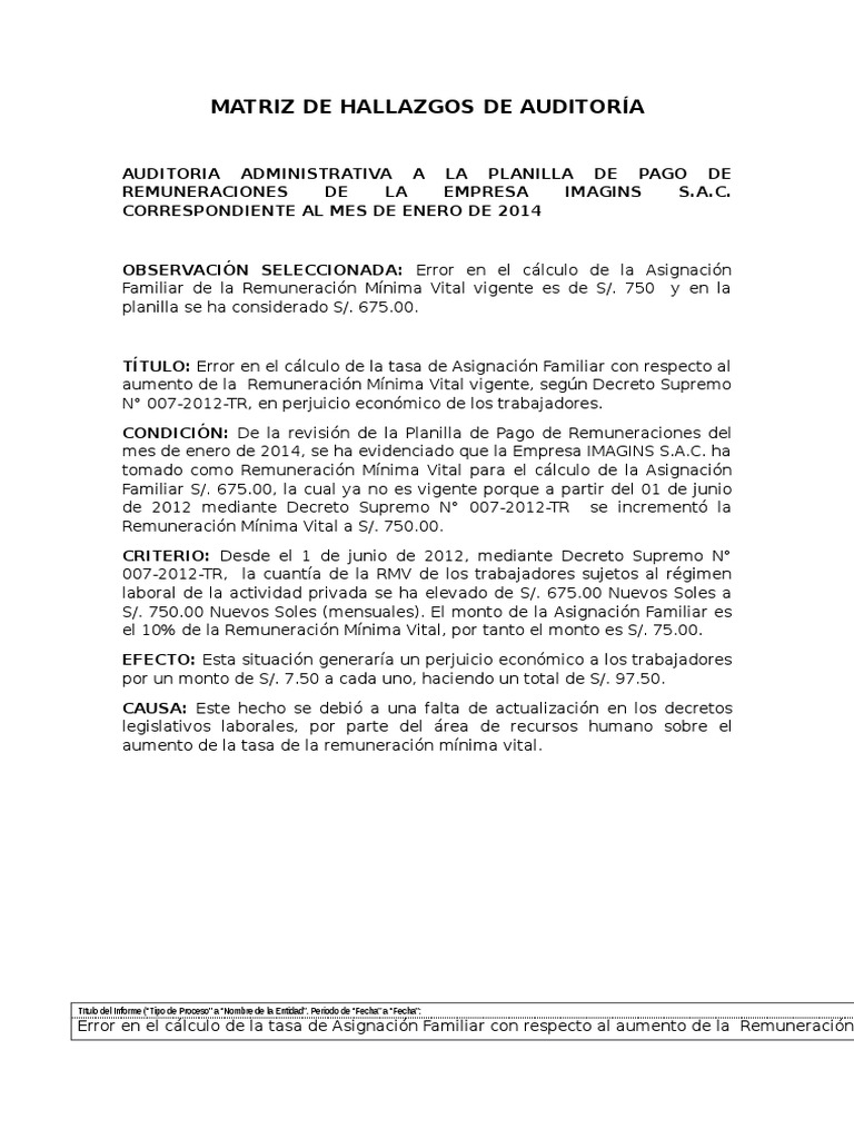 Matriz de Hallazgos de Auditoria | Contralor | Salario