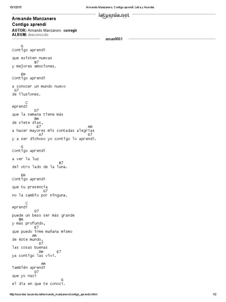 Armando Manzanero Contigo Aprendí Letra Y Acordes Pdf Pdf