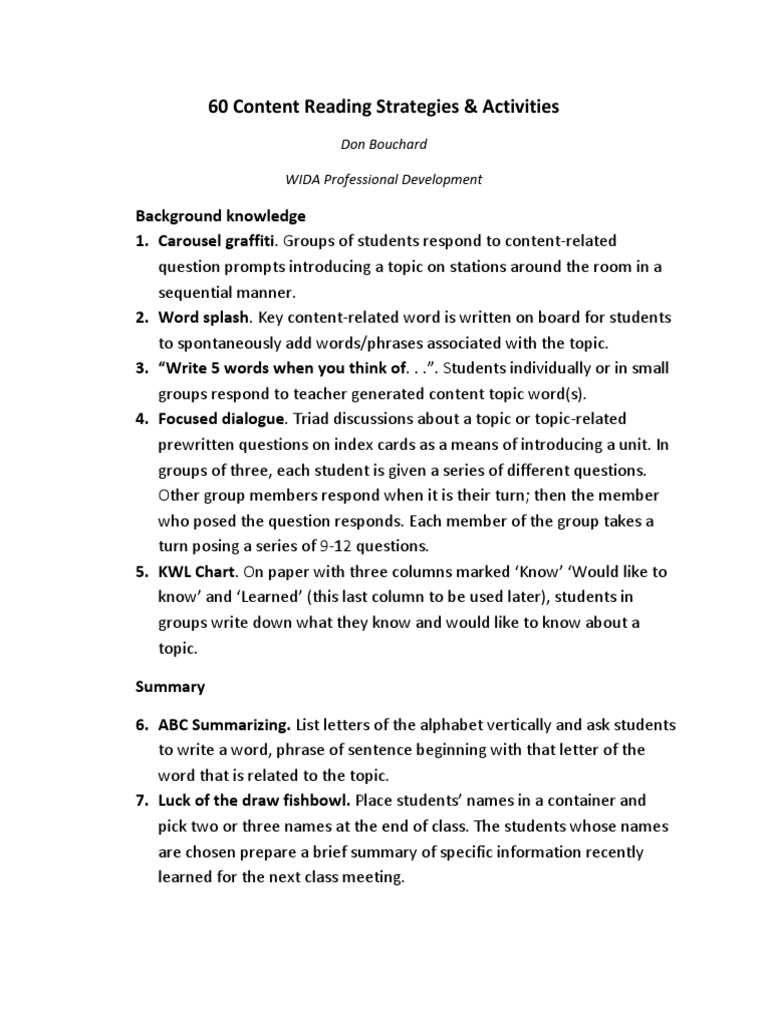 60 Content Reading Strategies Activities | PDF | Word | Verb