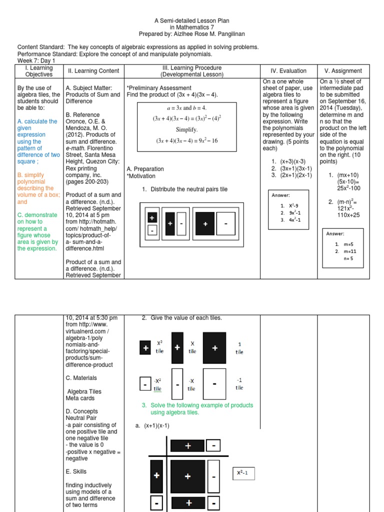 Lesson Plan Day Products of Sum and Difference1 | PDF | Algebra ...