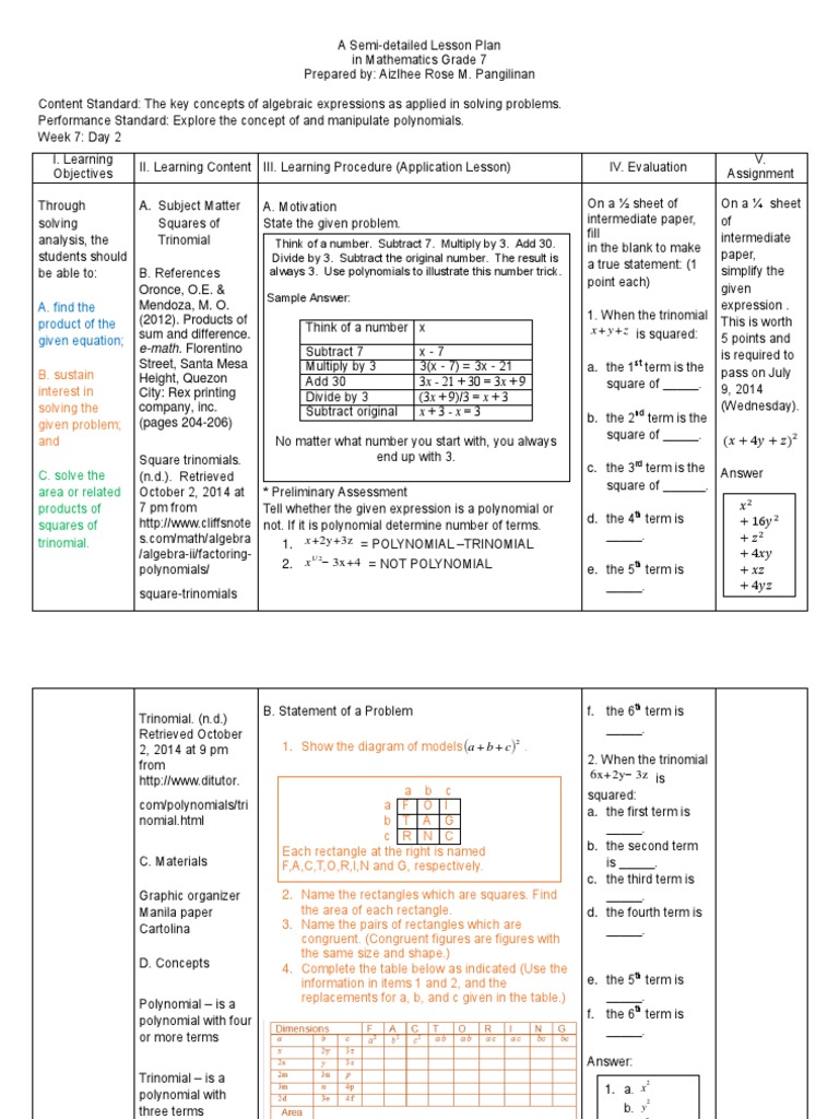 How to Square a Trinomial | PDF | Rectangle | Lesson Plan