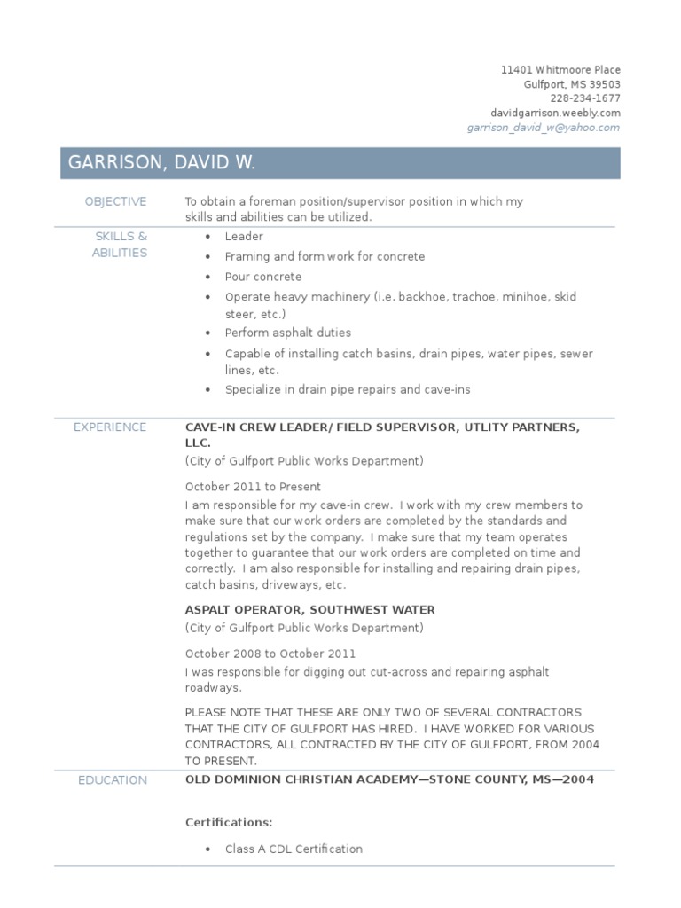 Construction Supervisor Resume | PDF | Career & Growth