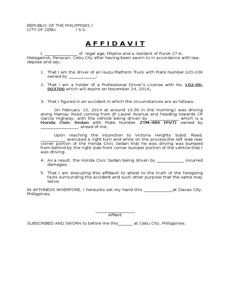 Affidavit-Car Accident Driver | PDF