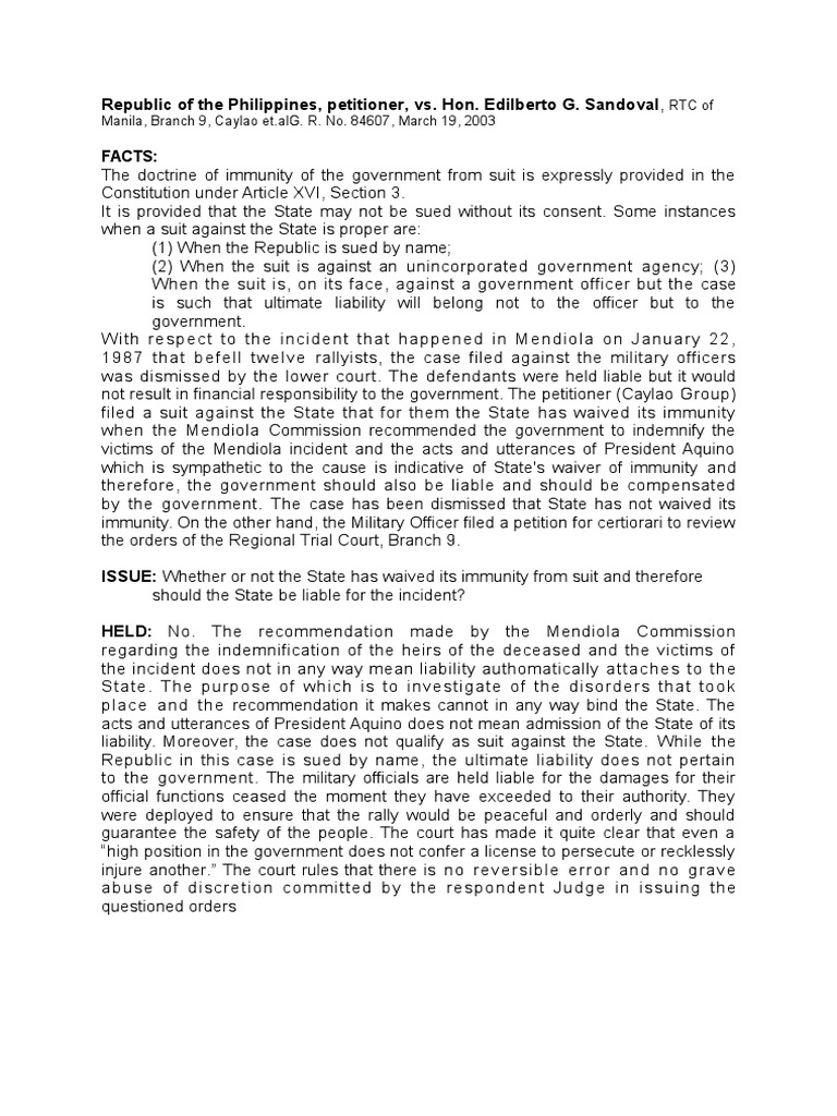 Republic of The Philippines V SANDOVAL | PDF | Sovereign Immunity | Lawsuit
