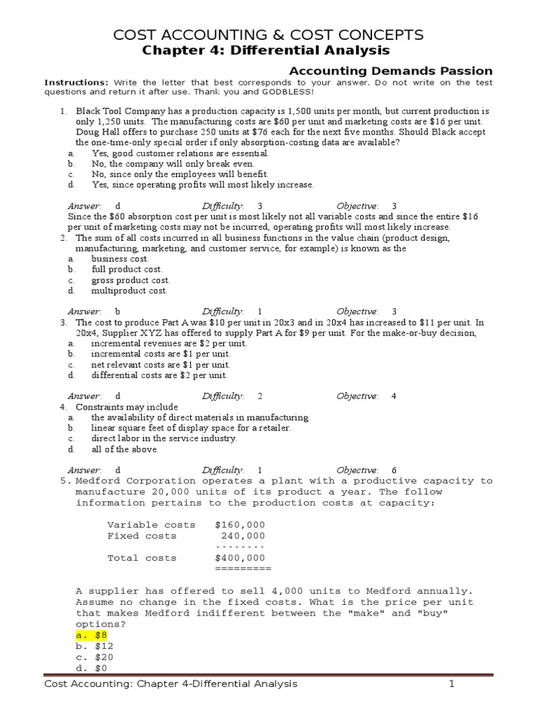 Chapter 4-Differential Analysis | PDF | Cost Accounting | Cost Of Goods ...