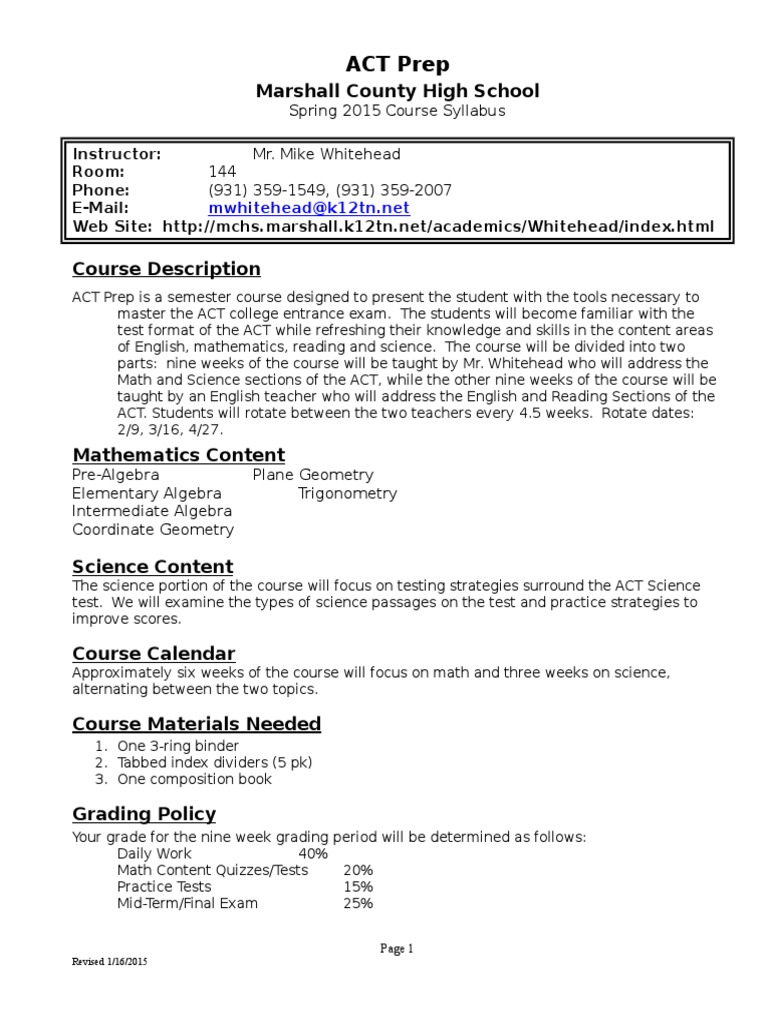 Act Prep Syllabus Spring 2015 | PDF | Syllabus | Test (Assessment)