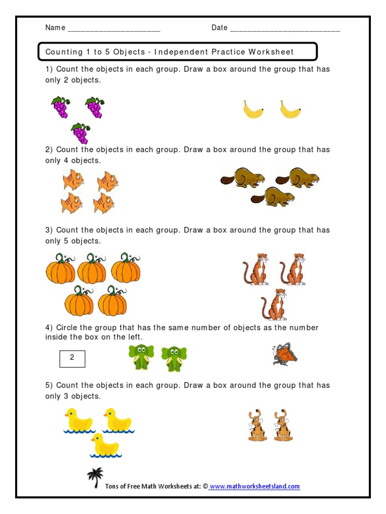 Counting 1 To 5 Objects - Independent Practice Worksheet: Name - Date | PDF