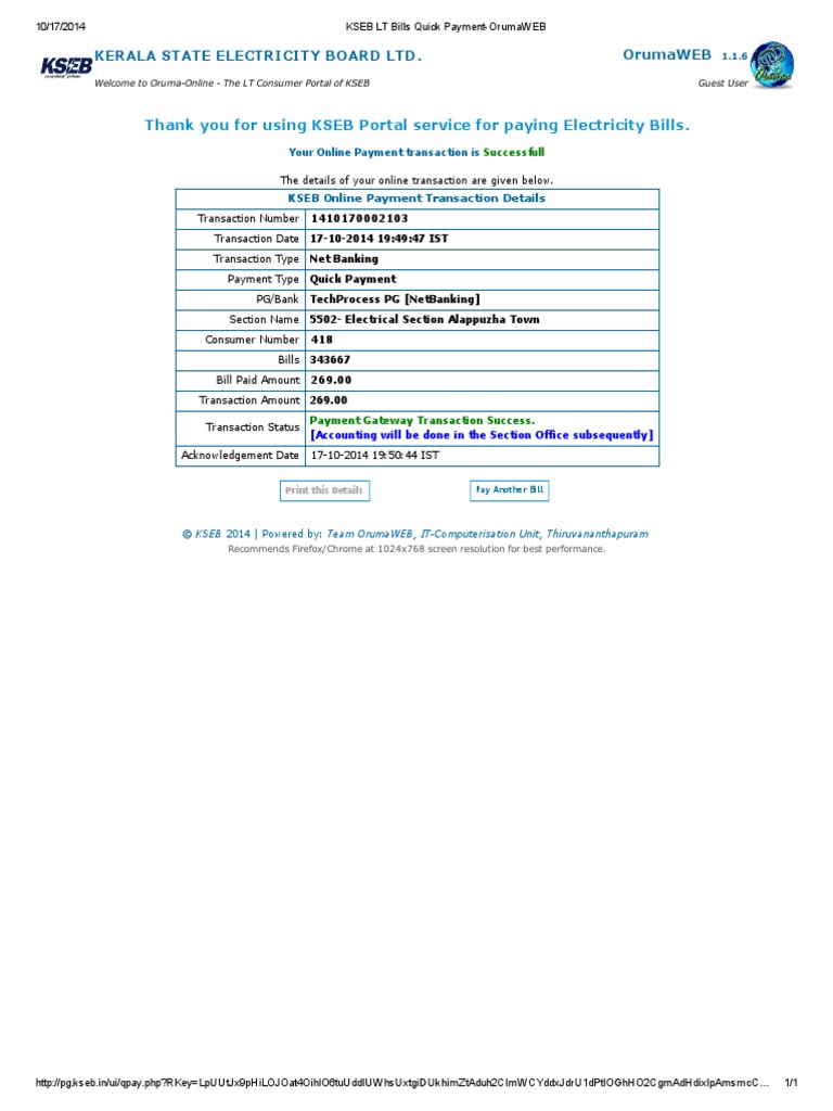 KSEB Quick Payment Confirmation | PDF | Financial Transaction | Services (Economics)