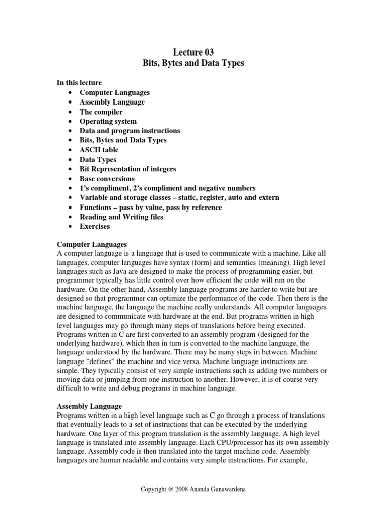 Lecture 03 Bits Bytes And Data Types Pdf Operating System Assembly Language