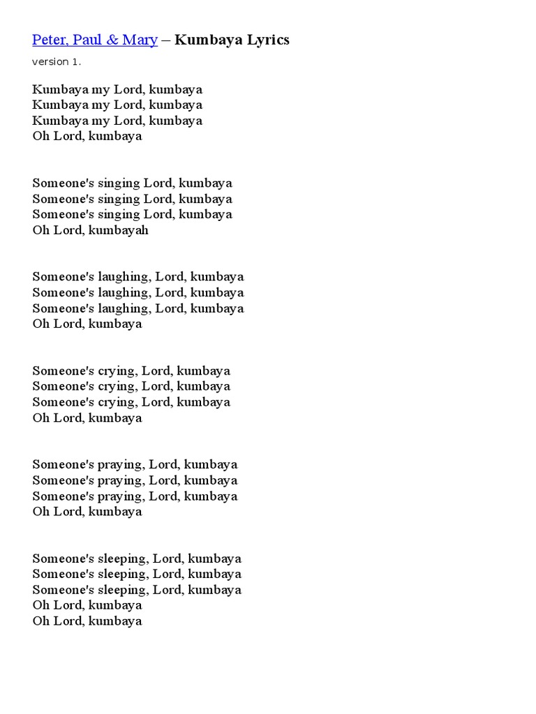 Kumbaya Lyrics: Peter, Paul & Mary | PDF