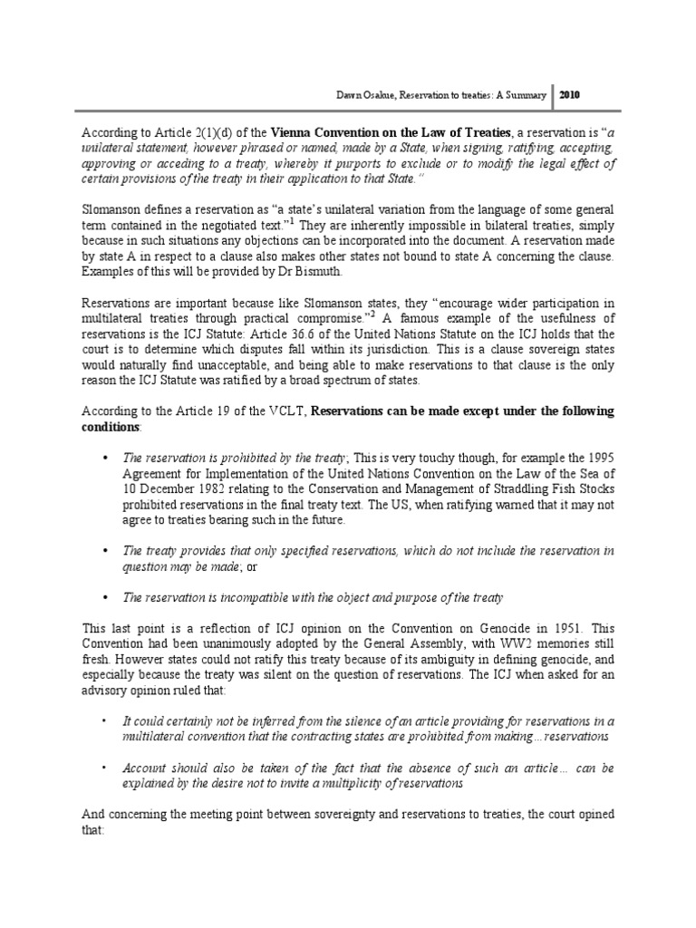 Reservation To Treaties | PDF | Treaty | International Law