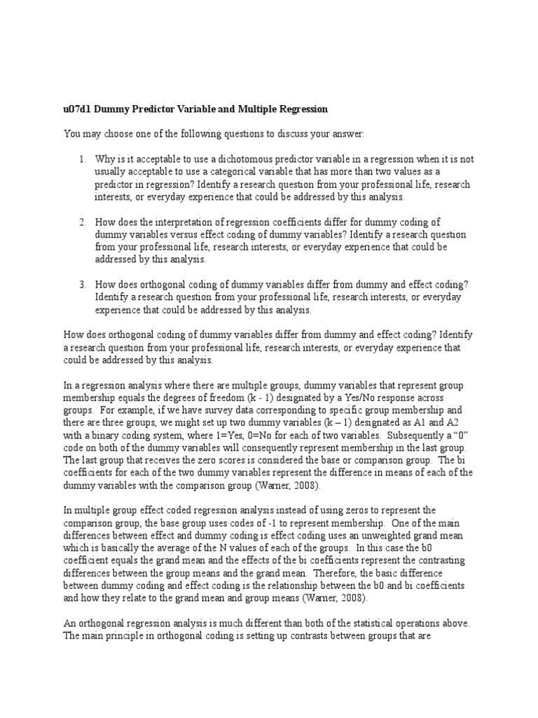 U07d1 Dummy Predictor Variable and Multiple Regression | PDF | Dummy Variable (Statistics ...